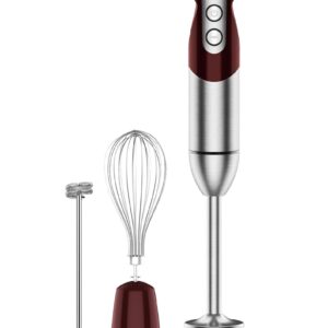 Megawise 3-in-1 Hand Blender – 12-Speed, Includes Powerful Blender Stick, Whisk, and Milk Frother – Easy to Clean and Perfect for Smoothies, and More (Red)