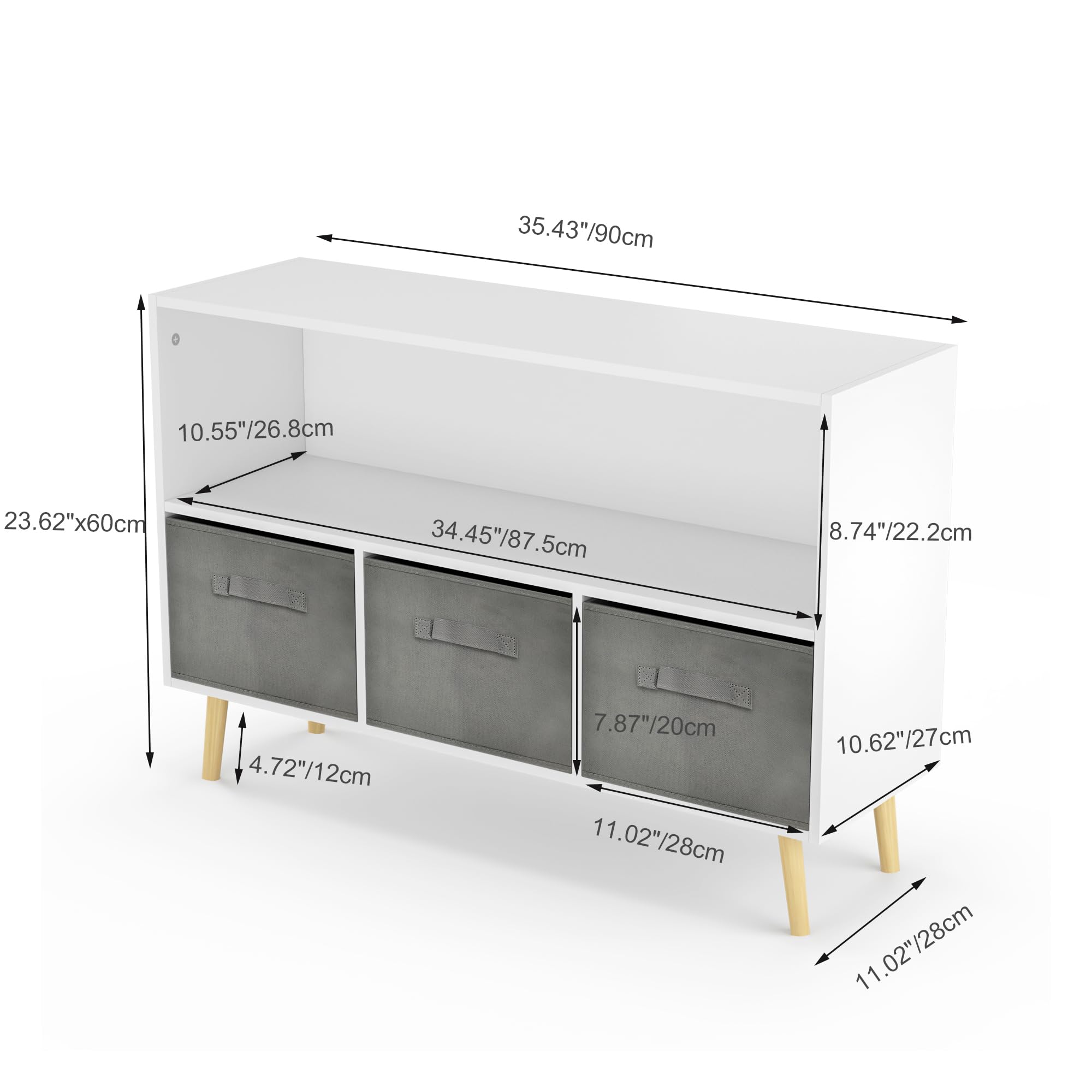 CuisinSmart Kids Bookshelf with Toy Storage Organizer,35.5" Bookcase with Bins for Nursery Playroom Furniture Kids Bedroom Kids Reading Nook,35.5"x11",Grey