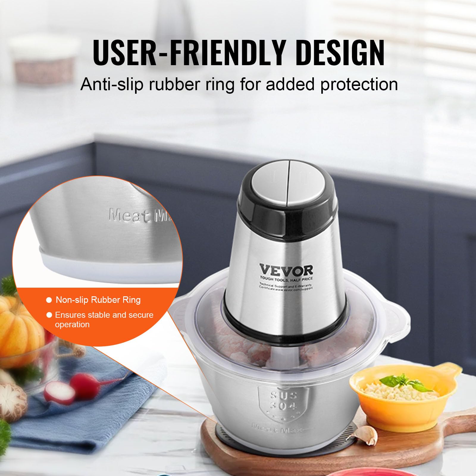 VEVOR Food Processor, Mini Electric Chopper 400W, 2 Speeds Electric Meat Grinder, Stainless Steel Meat Blender, for Baby Food, Meat, Onion, Vegetables, 8 Cup