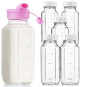 16 oz square glass milk bottles with a silicone cover, 6 pack glass bottles for juicing with airtight lids, glass drinking bottles with lids and scale mark, easy to carry