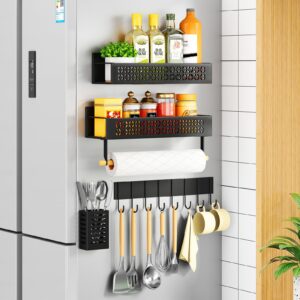 magnetic spice rack for refrigerator with paper towel holder, 5 pack magnetic shelf fridge spice rack organizer shelves, moveable metal magnet utensil holder and 8-hook rack for kitchen, black