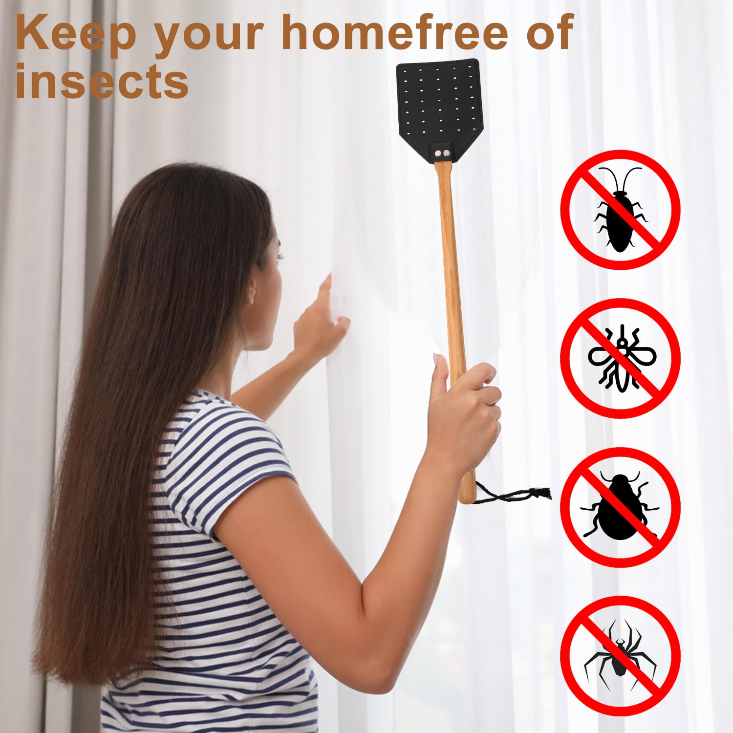 PEUTIER 2pcs Leather Fly Swatter, 19.5 Inch Long Heavy Duty Flyswatter Manual with Wooden Handle Fly Catcher for Indoor Outdoor (Black, Brown)