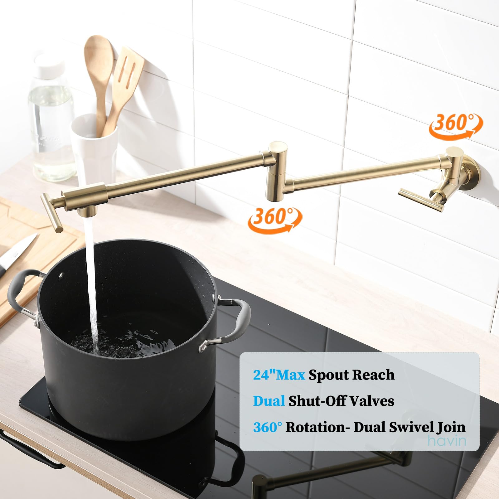 Havin Gold Brass Pot Filler,Wall Mount Commercial Pot Filler Faucet, Copper Material Kitchen Folding Faucet,Coffee Machine Faucet with Stretchable Double Joint Swing Arms,Style A,Brushed Gold