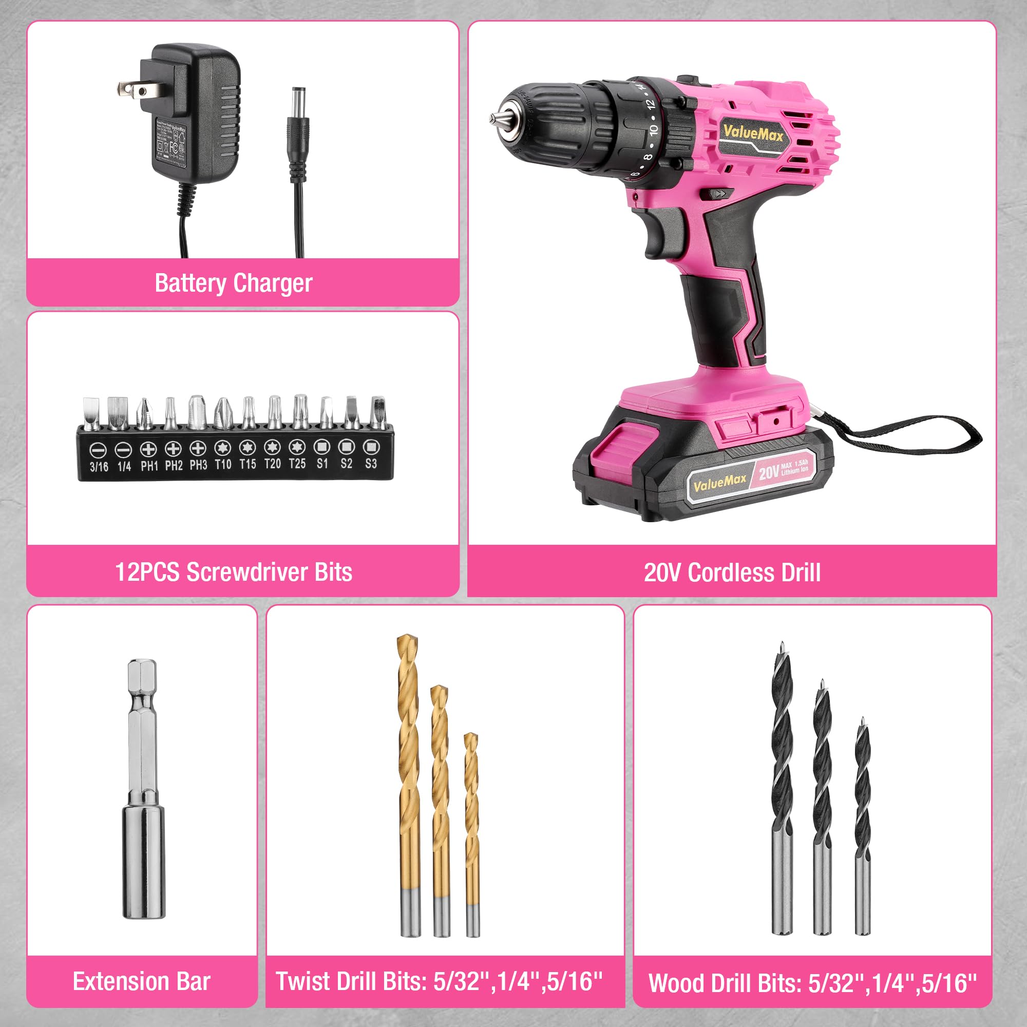 ValueMax Pink Cordless Drill Set, 20V Lithium-ion Power Drill Set with LED Light and Magnetic Holder, 3/8-Inch Keyless Chuck, 18+1 Torque Settings, Electric Cordless Drill Set with Battery and Charger