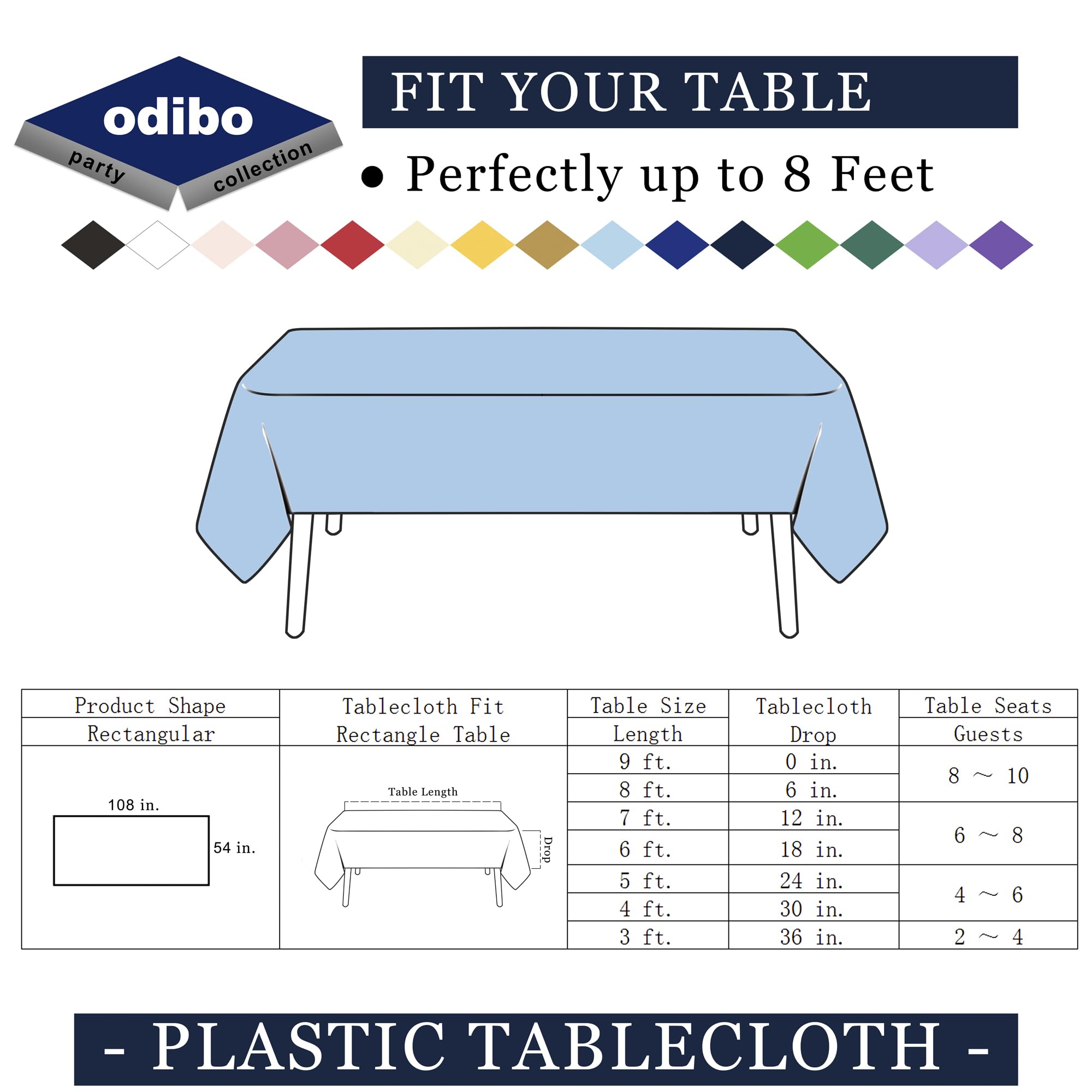 odibo Light Blue Tablecloths Plastic 2 Pack Sky lt Blue Disposable Table Covers 54" x 108" Table Cloths for Parties Birthdays Weddings Baby Shower Picnic Events Fits up to 8 Foot Rectangle Tables