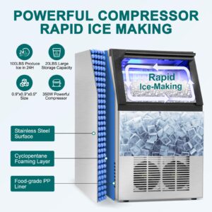 Commercial Ice Maker Machine 100Lbs/24H, 36Pcs Clear Ice Cubes Ready in 11-20Mins, Stainless Steel Under Counter Freestanding ice Machine with 23Lbs Ice Capacity for Home Party Bar, 2 Way Water Supply