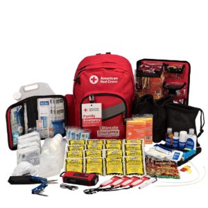 american red cross officially licensed product |3-day emergency preparedness deluxe backpack | 72 hour survival supplies for 4 people | water, phone charger, blanket, food