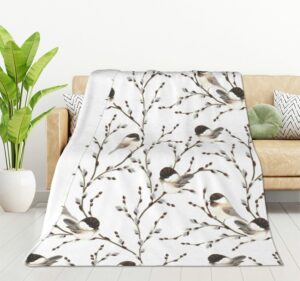 hgod designs bird throw blanket flannel fleece blanket willow branches and birds black-capped chickadee lightweight throw for bed sofa travel teens birthday s 50" x 60