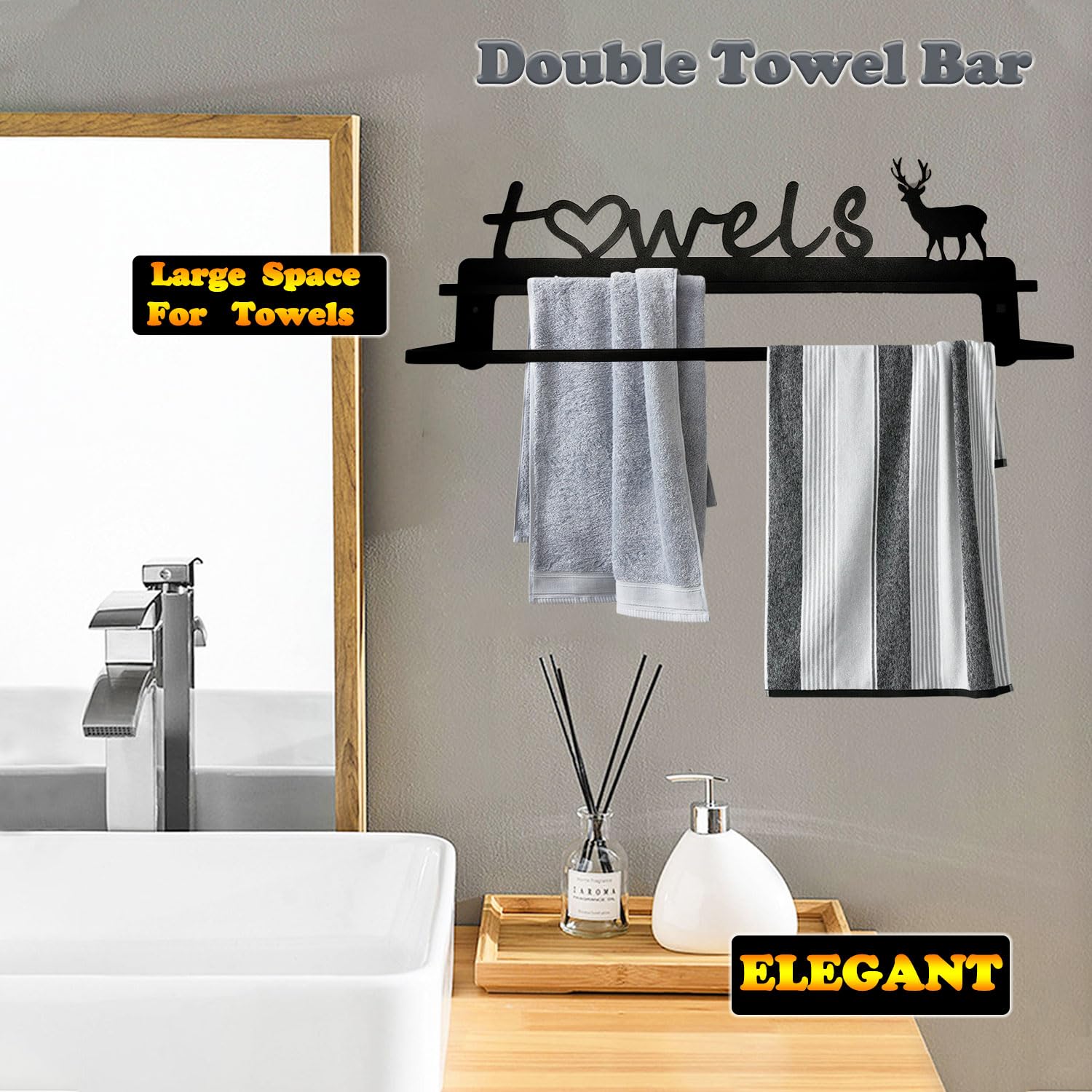 Bathroom Towel Rack Wall Mounted Matte Black Towel Holder Decor Deer Towel Hanger with Double Towel Bars for Bathroom,Kitchen