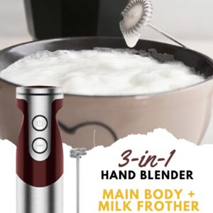 Megawise 3-in-1 Hand Blender – 12-Speed, Includes Powerful Blender Stick, Whisk, and Milk Frother – Easy to Clean and Perfect for Smoothies, and More (Red)