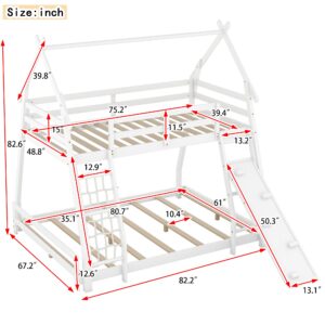 Harper & Bright Designs Twin Over Queen Bunk Bed with Climbing Nets and Climbing Ramp,Wooden Playhouse Bunk Beds for Kids,Girls & Boys,No Box Spring Needed, White