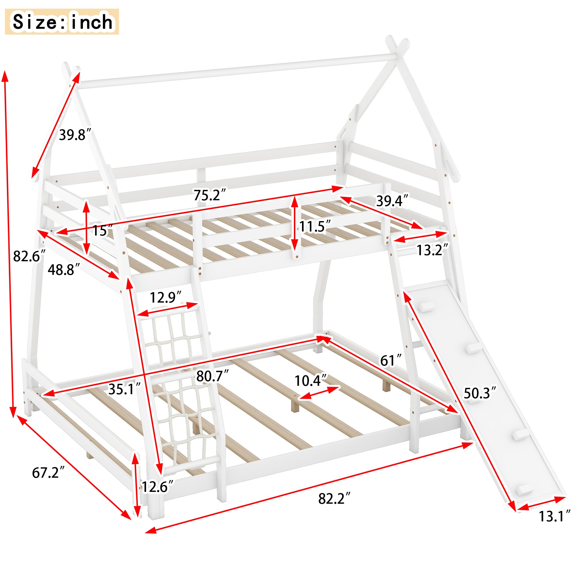 Harper & Bright Designs Twin Over Queen Bunk Bed with Climbing Nets and Climbing Ramp,Wooden Playhouse Bunk Beds for Kids,Girls & Boys,No Box Spring Needed, White