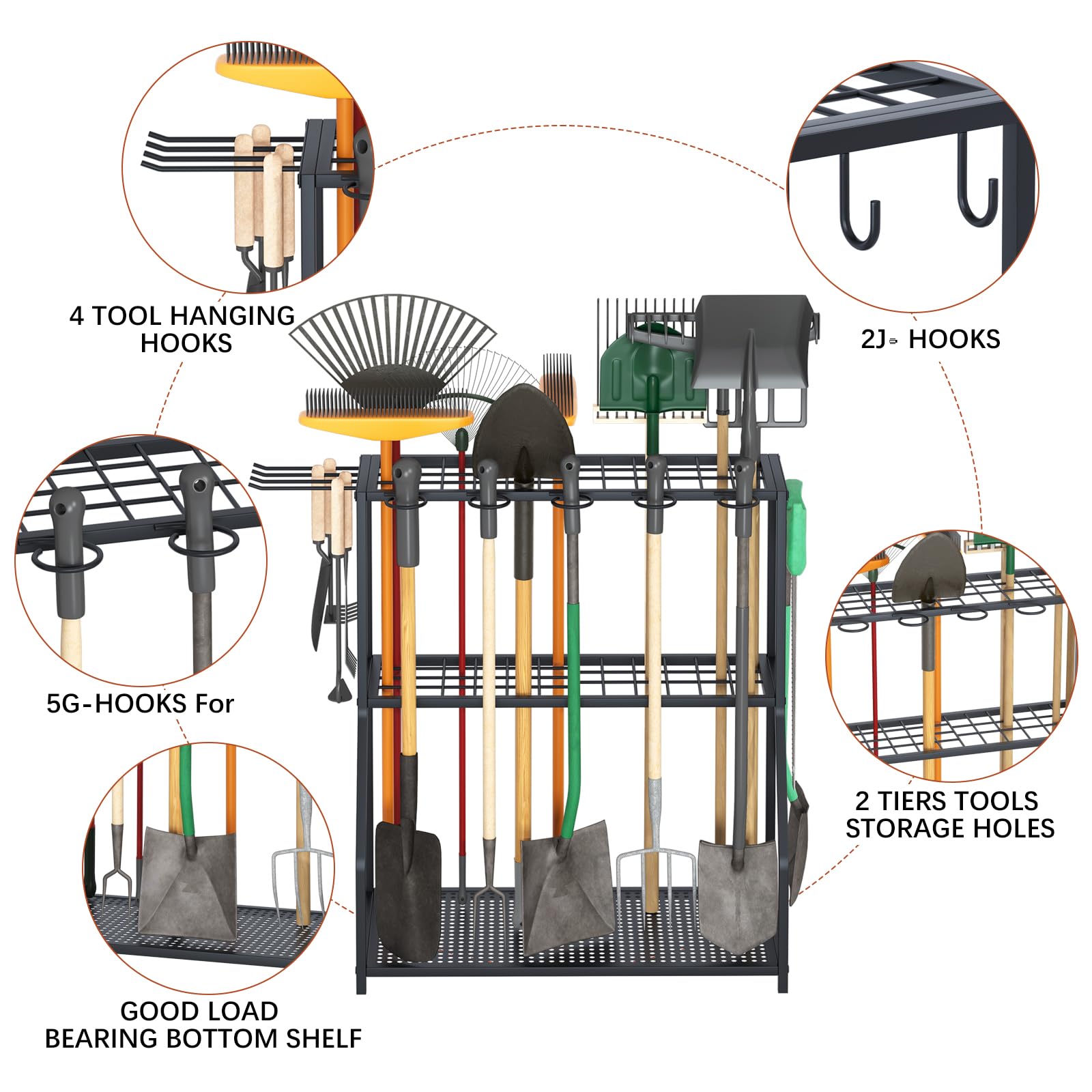 Azheruol Garden Tool Organizer Yard Tool Storage Rack,Garden Organizer,Steel Yard Tool Racks To Store Long-Handled Tools,Garage Tool Stand,Tool Holder For Garden,Shed,Outdoor,Black