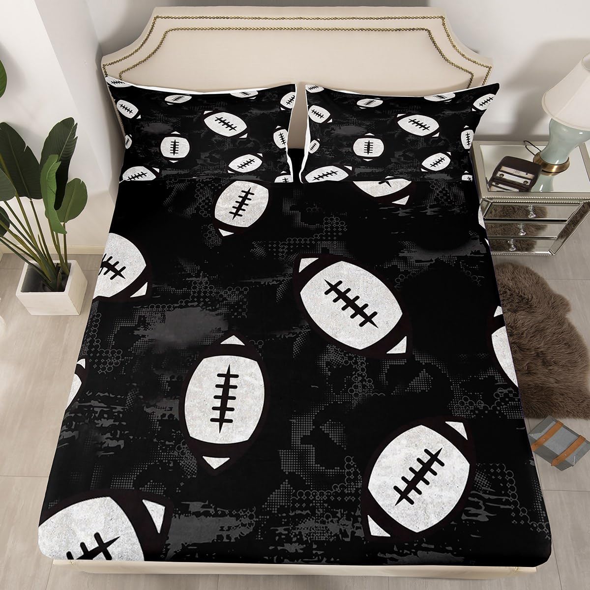 Erosebridal Boys Football Twin Fitted Sheet Kids Sports Sheets, Black Grey Bed Sheets Soccer Rugby Bed Cover, Dark Gray Camouflage Grunge Bed Set (Black) Soft (Deep Pocket)