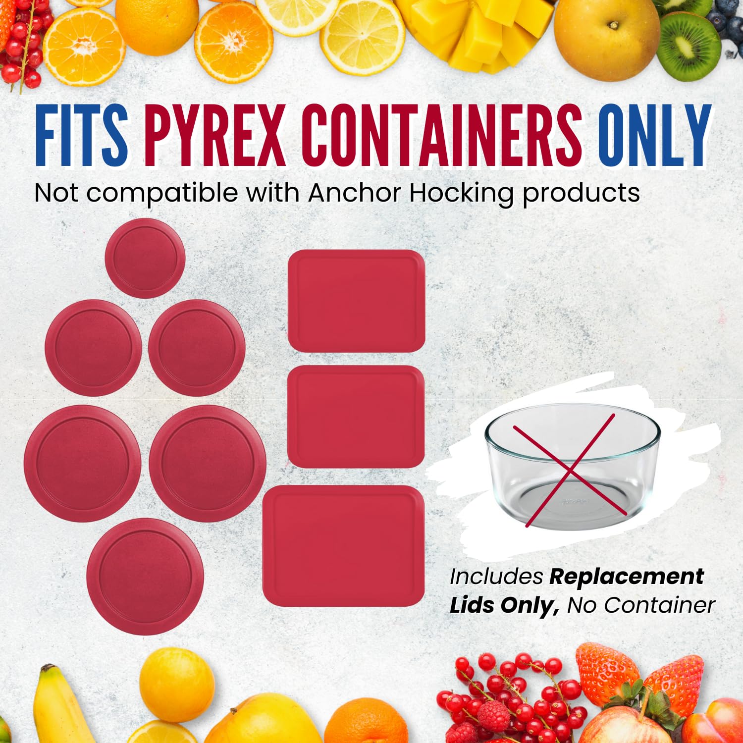 Replacement Lids for Pyrex Containers (1) 1-Cup (2) 2-Cup (2) 4-Cup (1) 7-Cup (2) 3-Cup (1) 6-Cup Round Rectangle (Red)