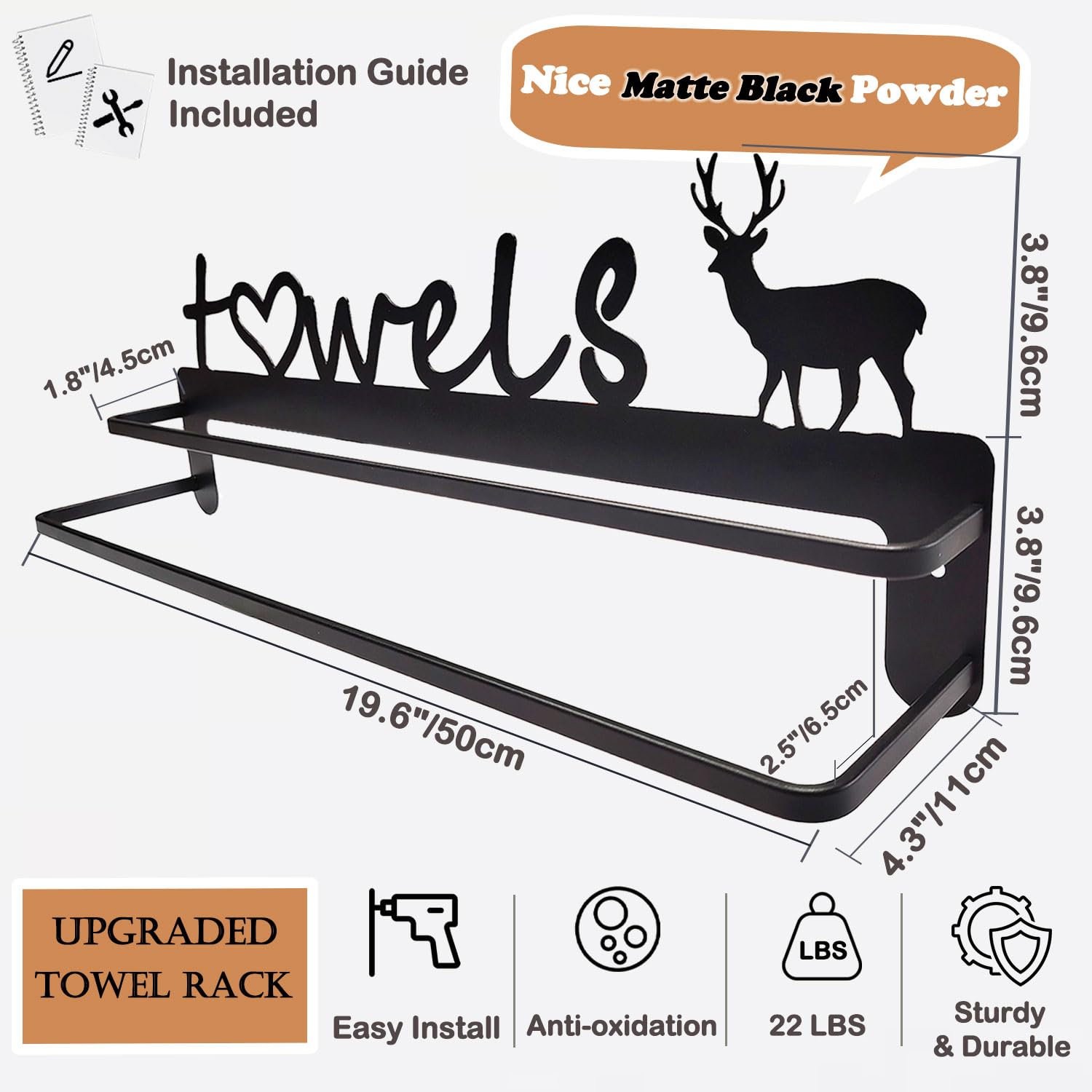 Bathroom Towel Rack Wall Mounted Matte Black Towel Holder Decor Deer Towel Hanger with Double Towel Bars for Bathroom,Kitchen