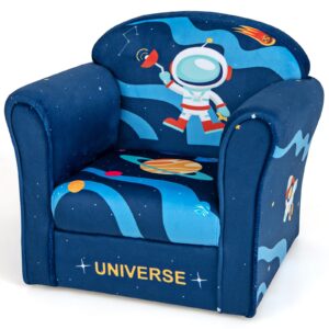 honey joy kids couch, toddler sofa armchair with spaceman pattern, children mini playroom furniture, sturdy wooden construction, baby small armrest chair, lightweight kids sofa for boys girls (blue)