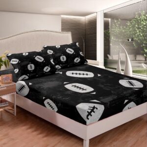 Erosebridal Boys Football Twin Fitted Sheet Kids Sports Sheets, Black Grey Bed Sheets Soccer Rugby Bed Cover, Dark Gray Camouflage Grunge Bed Set (Black) Soft (Deep Pocket)