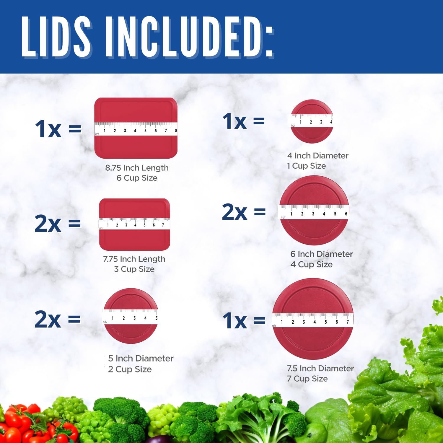 Replacement Lids for Pyrex Containers (1) 1-Cup (2) 2-Cup (2) 4-Cup (1) 7-Cup (2) 3-Cup (1) 6-Cup Round Rectangle (Red)