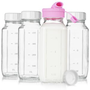 4 pack 16 oz square glass milk bottle with a silicone dispenser cap, glass juice bottles with airtight screw lid, drinking bottles with capacity marks