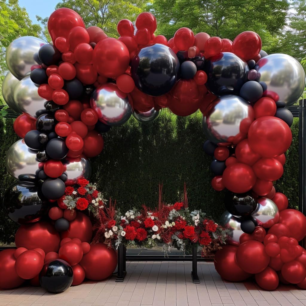 Black Red Silver Balloon Garland - Double Stuffed Dark Red Black Balloons Latex Ruby Red Maroon Metallic Balloon Arch Kit for Birthday Baby Shower Vanlentine's Day New Year Christmas Party Decor