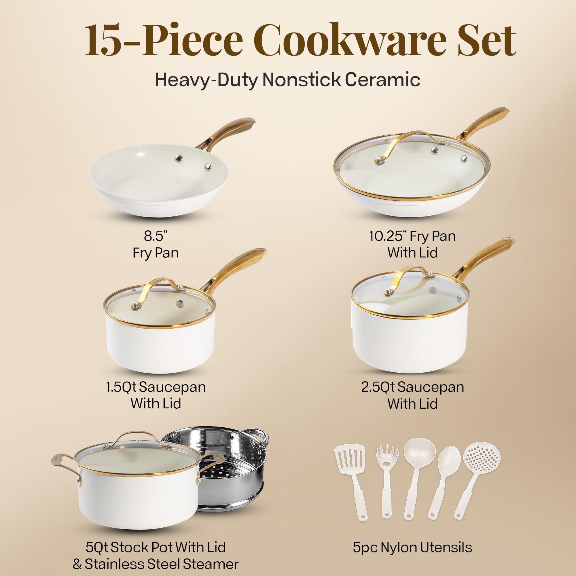 Gotham Steel 15 Pc Ceramic Pots and Pans Set Non Stick, Kitchen Cookware Sets, Pot and Pan Set, Ceramic Cookware Set, Non Toxic Cookware Set, Non Stick Pots and Pan Set Dishwasher Safe, Cream White