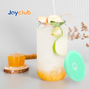 Joyclub 8pcs Glass Cups with Acrylic Lids and Straws 16 oz Can Shaped Glass Iced Coffee Cups with Lids and Straws, Cute Tumbler Cup Drinking Glasses for Smoothie Whiskey Boba Soda Tea Gift