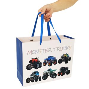 13" Large Truck-themed Gift Bags Set with Greeting Card and Tissue Paper (Monster Trucks Design) for boys, Kids Birthday Party,Baby boy,Baby Shower,Newborn,New Moms or Parents -13”x5.2”x10.2”, 1 Pcs