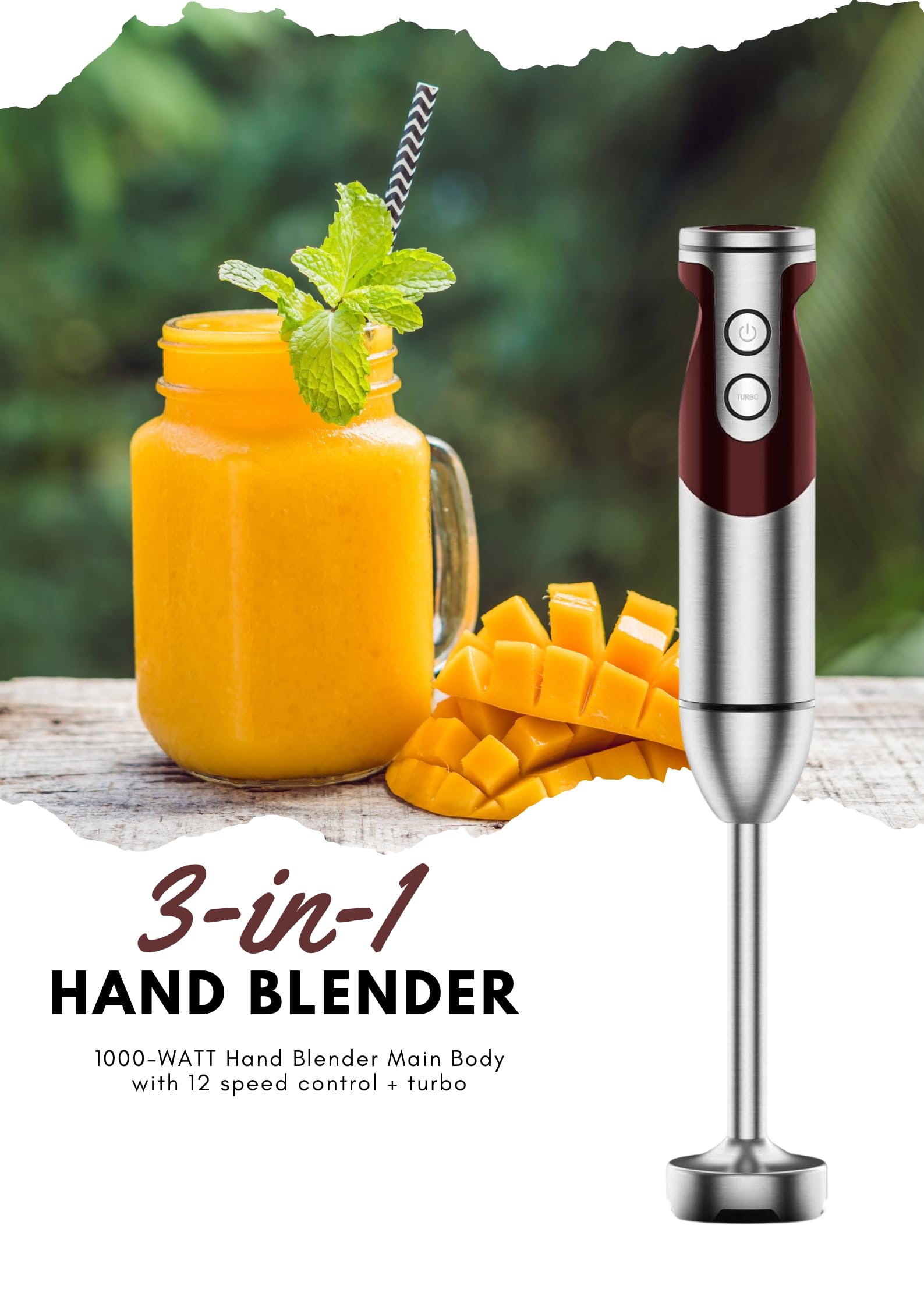 Megawise 3-in-1 Hand Blender – 12-Speed, Includes Powerful Blender Stick, Whisk, and Milk Frother – Easy to Clean and Perfect for Smoothies, and More (Red)