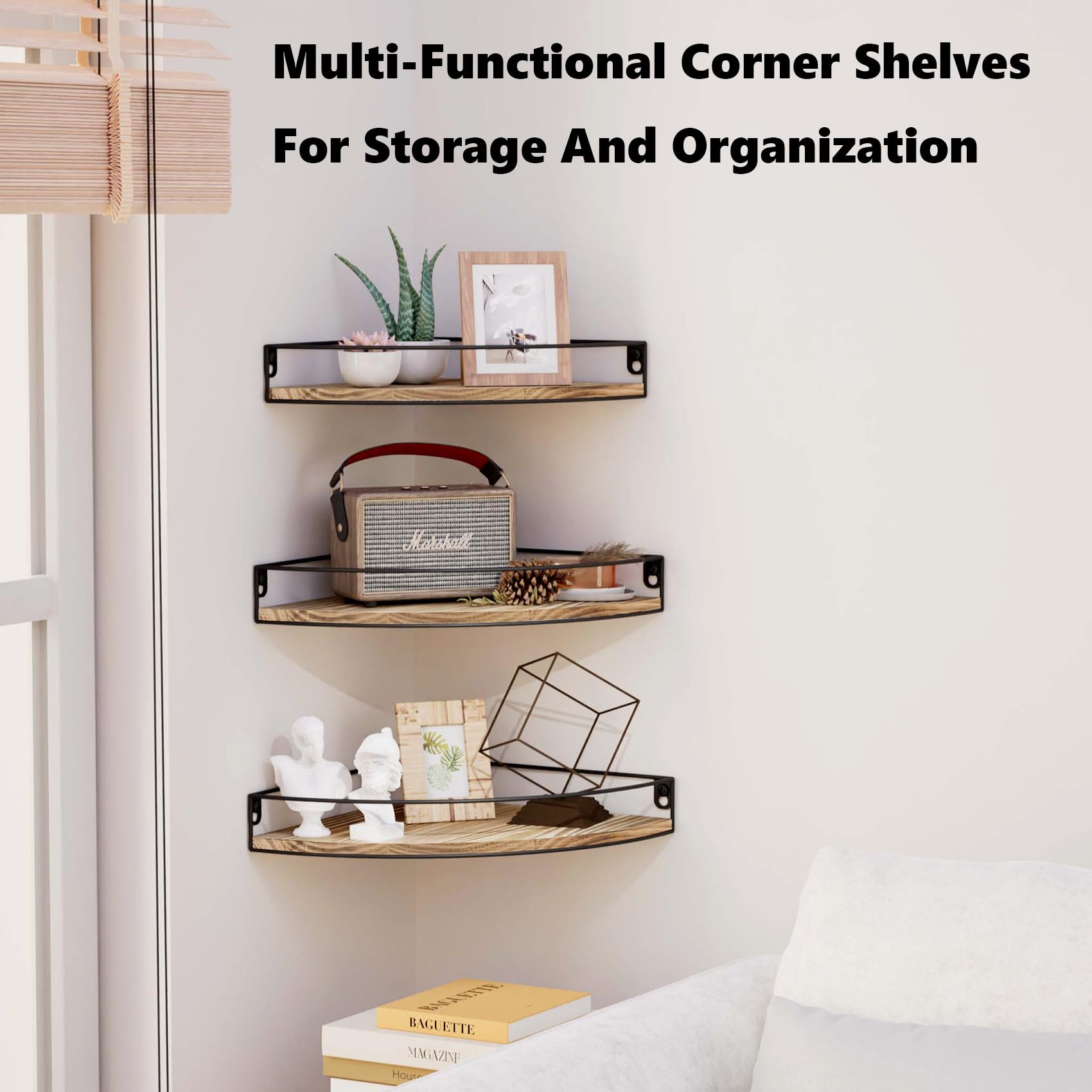 Oxendon Corner Floating Shelves, Corner Wall Shelf with Cable Hole Wall Corner Shelf Wall Mounted Wood Corner Shelves for Wall, Rustic Brown Set of 3