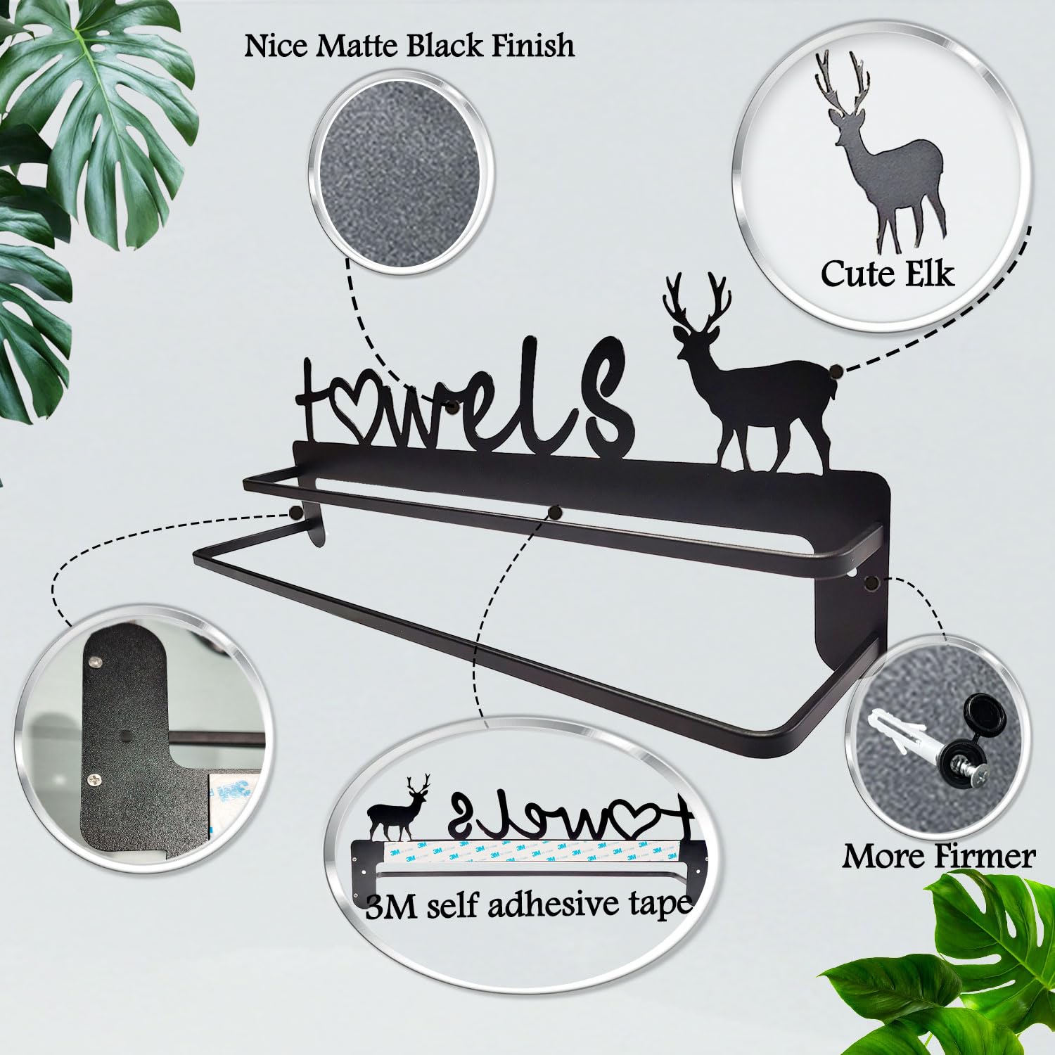 Bathroom Towel Rack Wall Mounted Matte Black Towel Holder Decor Deer Towel Hanger with Double Towel Bars for Bathroom,Kitchen