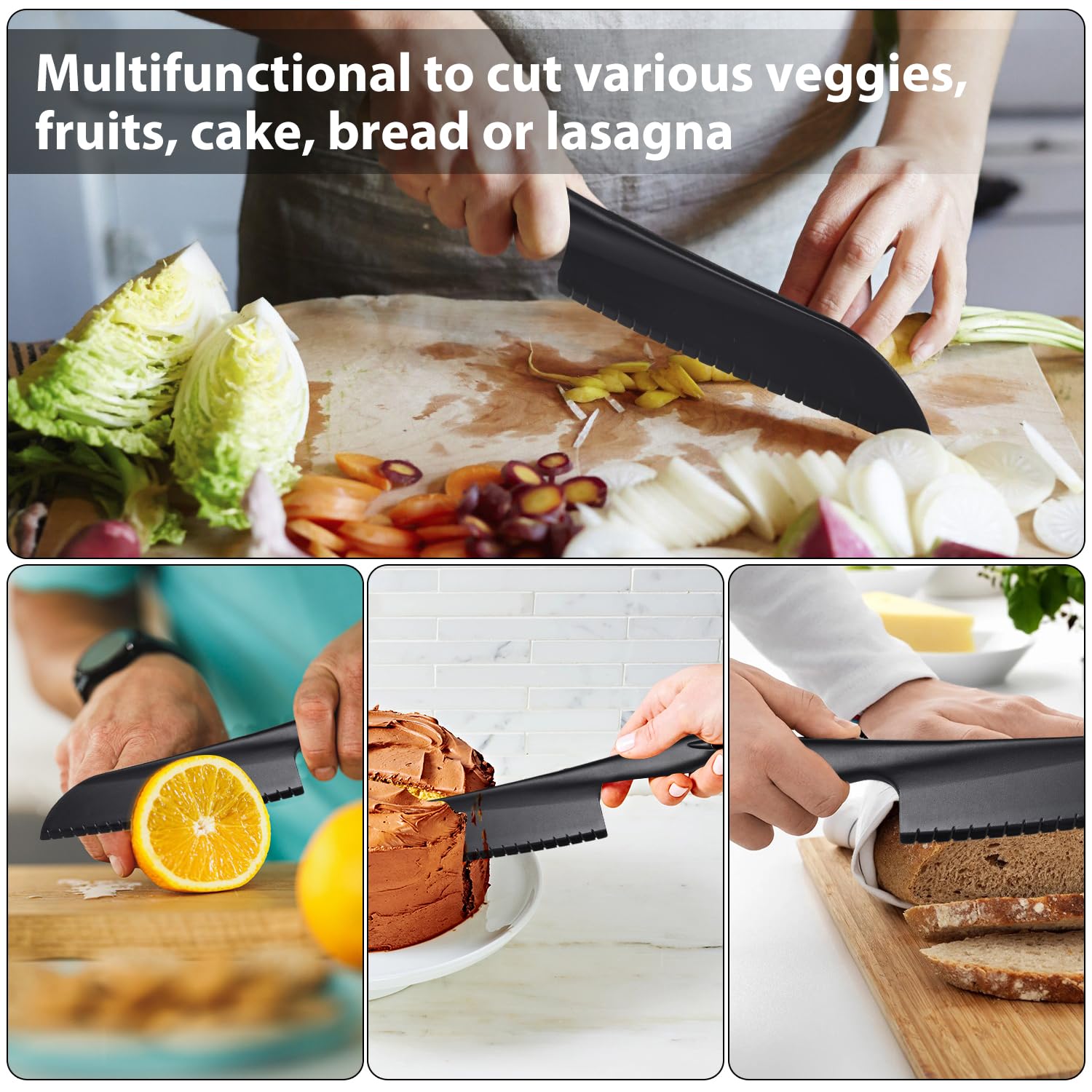 ChaLeeMoo 11" Nylon Knife for Nonstick Pans, Plastic Serrated Kitchen Knife to Cut Cake Brownie Pie Lasagna or Various Veggies and Fruits, Non Metal Knife, Salad or Lettuce Knife, Black