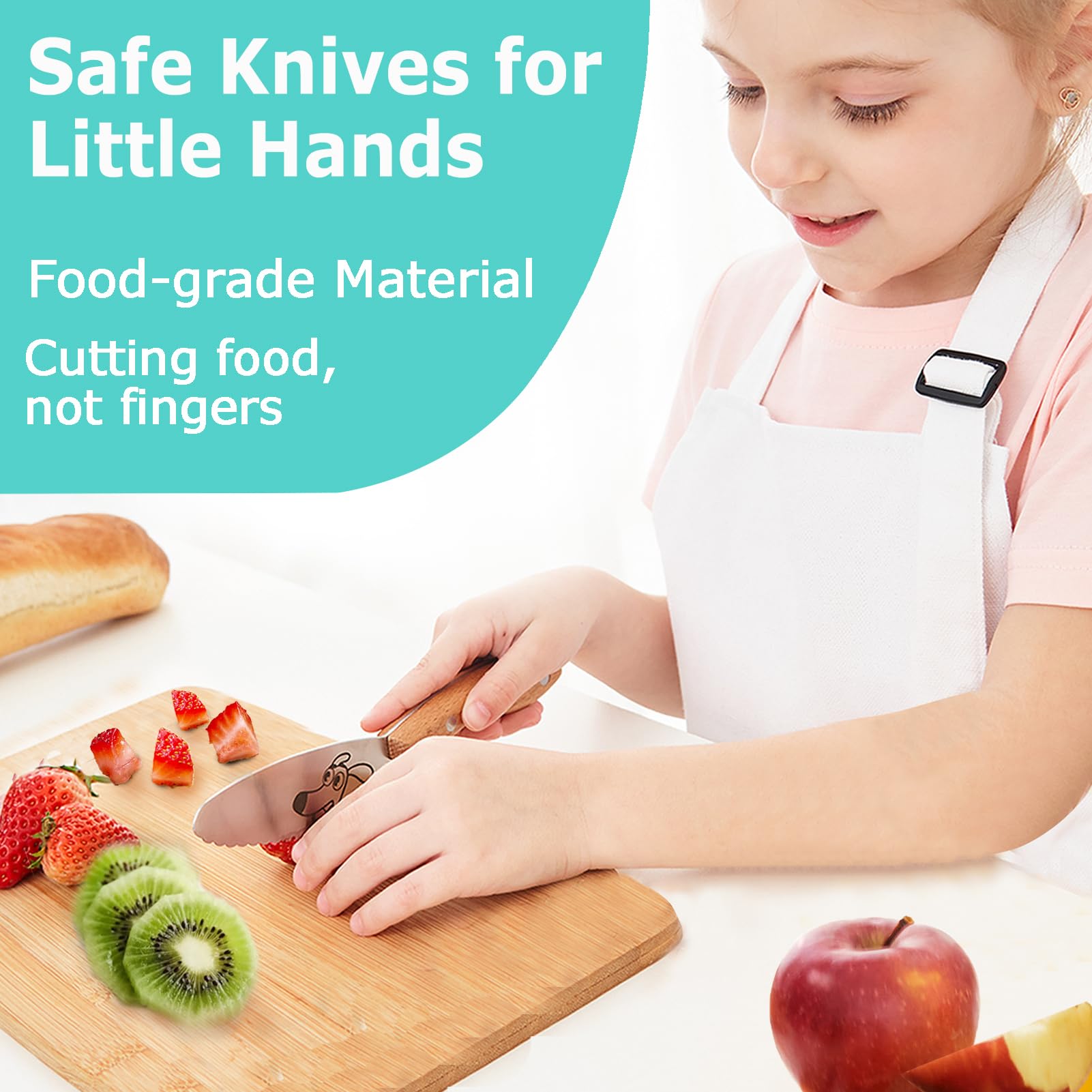 Kizzikids Kids Safe Knife Set for Real Cooking, 4-Piece Kids Knife Set Round Tip, Serrated Edges Kitchen Knife for Kids, Firm Grip Children Knives, BPA-Free Metal Kids Knife Set