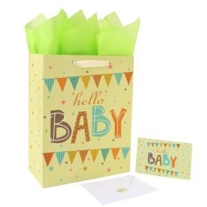 13" large light yellow gift bag set with greeting card and green tissue paper(hello baby) for baby shower,kids birthday party,baby boy or girl, newborn,new moms or parents 10.2”x5.2”x13”, 1 pcs