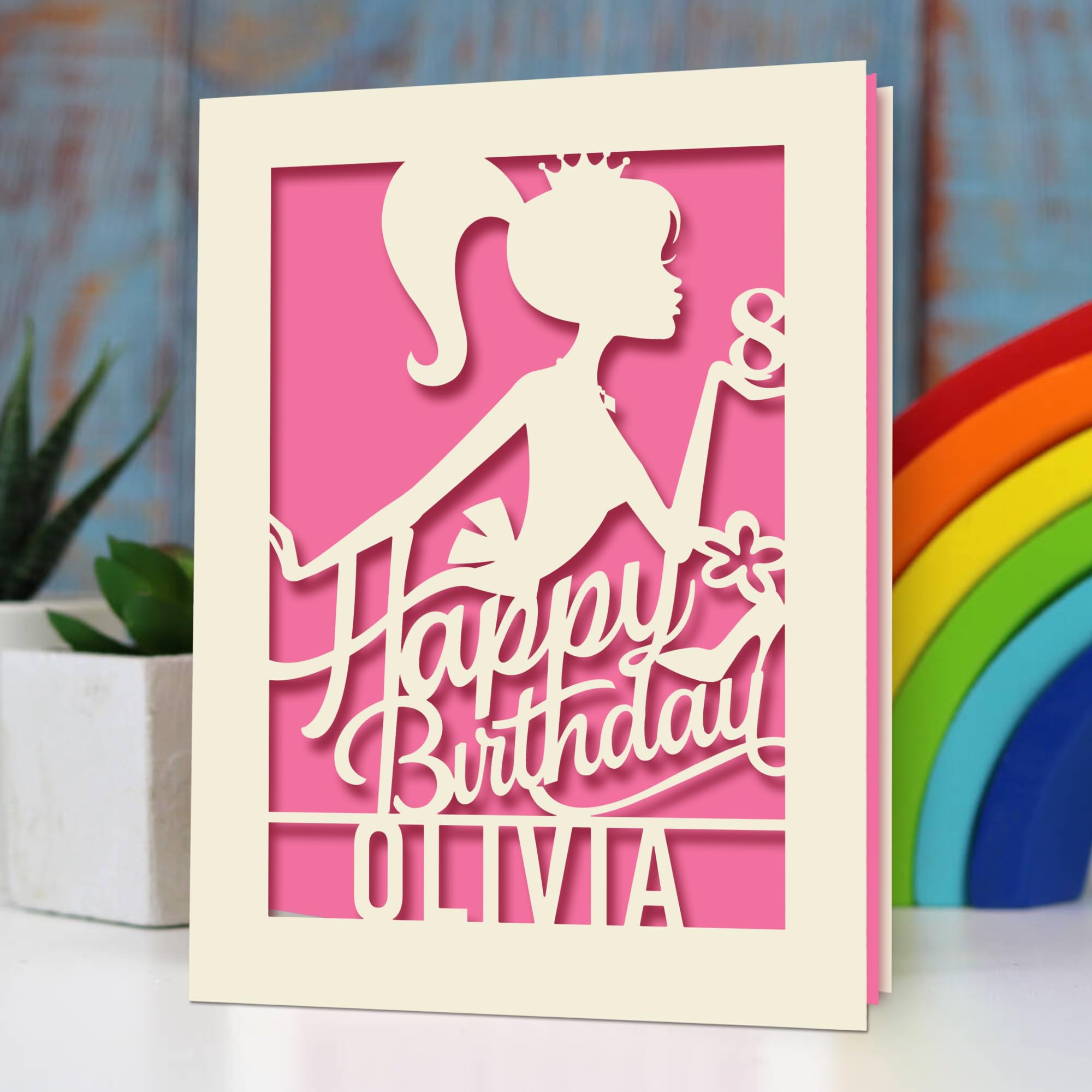 Girl Birthday Cards Personalized Girl Birthday Card Gifts for Sister Kids Niece Daughter Happy Birthday Card Laser Paper Cut Card with Any Name & Age for 1st 3rd 4th 5th 6th 7th 18th(Fuchsia)