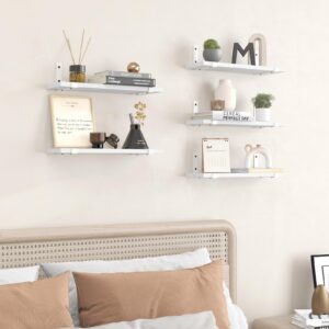 Fixwal Floating Shelves Set of 5, Width 4.7 Inches Wall Shelves, Rustic Wood Wall Storage Shelves for Bedroom, Living Room, Kitchen, Bathroom, Home Decor, Office and Plants (White and White Bracket)