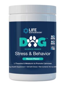 life extension dog stress & behavior soft chews - calming dog health supplement - promotes relaxation, calm behavior and stress relief - melatonin and l-theanine -120 soft chews, bacon flavor