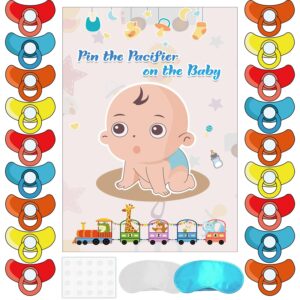 t-antrix pin the pacifier on the baby game -baby shower party games with 21'' x 28'' poster, reusable pacifiers party supplies for kids birthday party favor sets