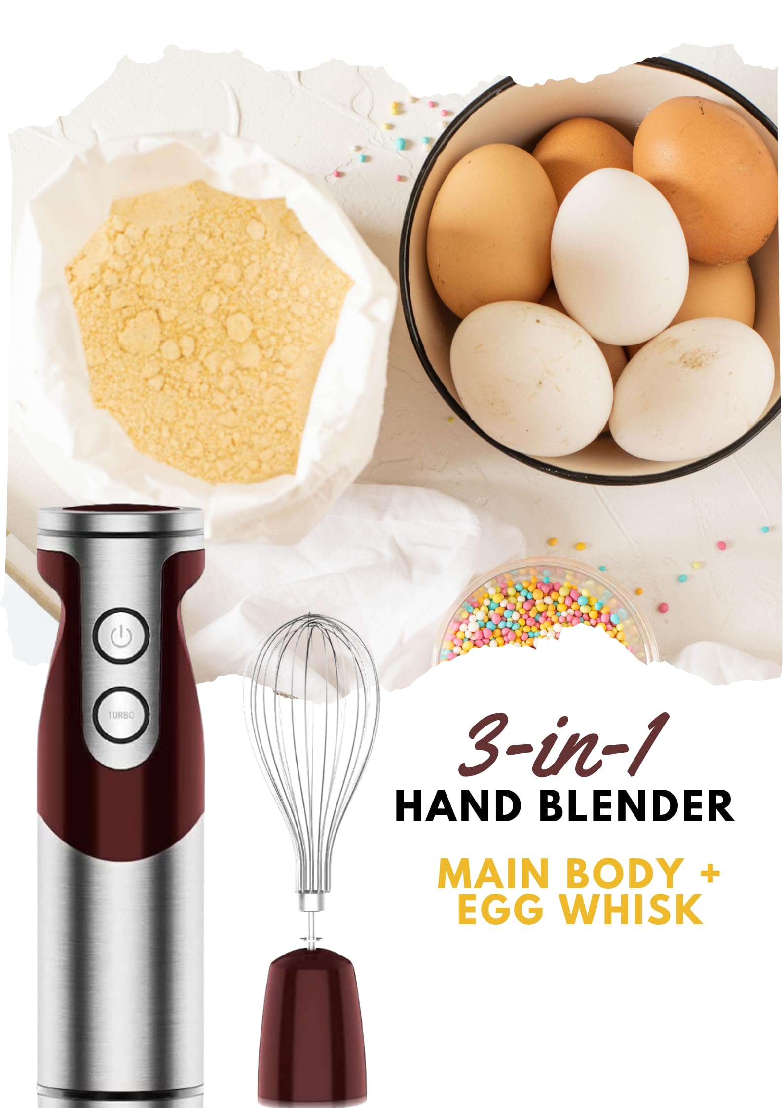 Megawise 3-in-1 Hand Blender – 12-Speed, Includes Powerful Blender Stick, Whisk, and Milk Frother – Easy to Clean and Perfect for Smoothies, and More (Red)