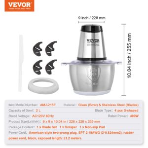 VEVOR Food Processor, Mini Electric Chopper 400W, 2 Speeds Electric Meat Grinder, Stainless Steel Meat Blender, for Baby Food, Meat, Onion, Vegetables, 8 Cup