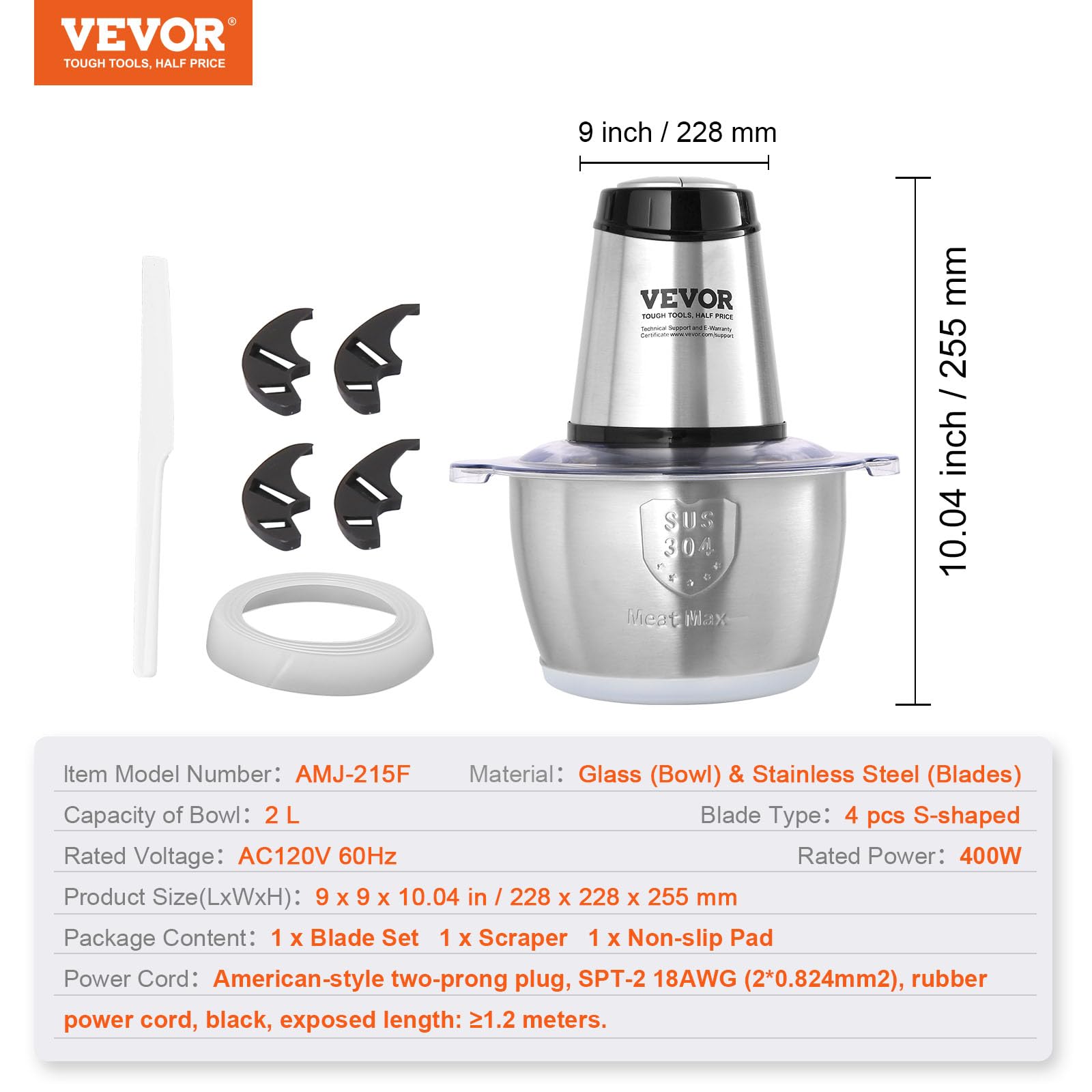 VEVOR Food Processor, Mini Electric Chopper 400W, 2 Speeds Electric Meat Grinder, Stainless Steel Meat Blender, for Baby Food, Meat, Onion, Vegetables, 8 Cup