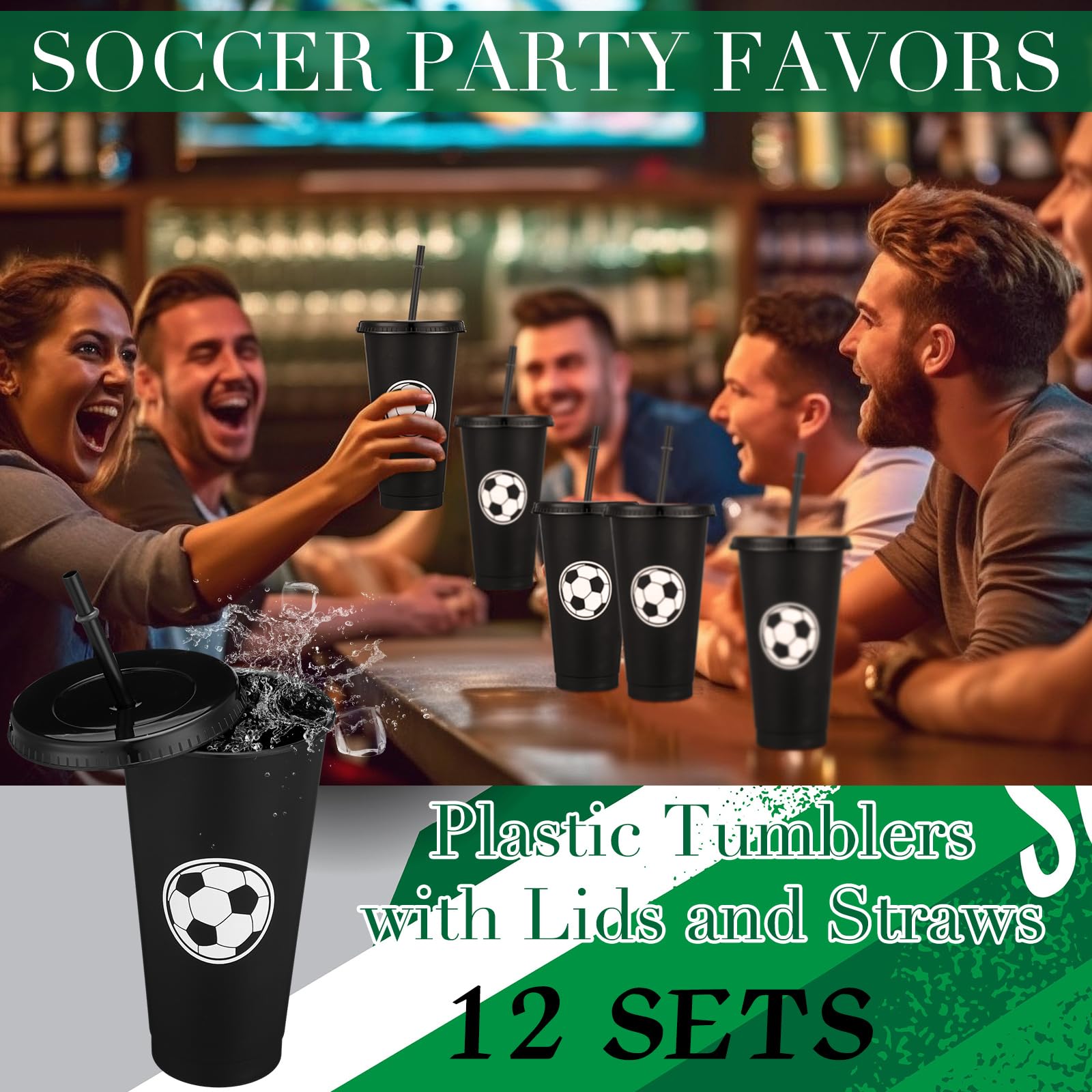 Domensi 12 Pcs Sport Soccer Plastic Tumbler with Lid and Straw 24oz Reusable Plastic Cups Sports Gifts for Fan Friend Guest Birthday Office Sport Party Supplies