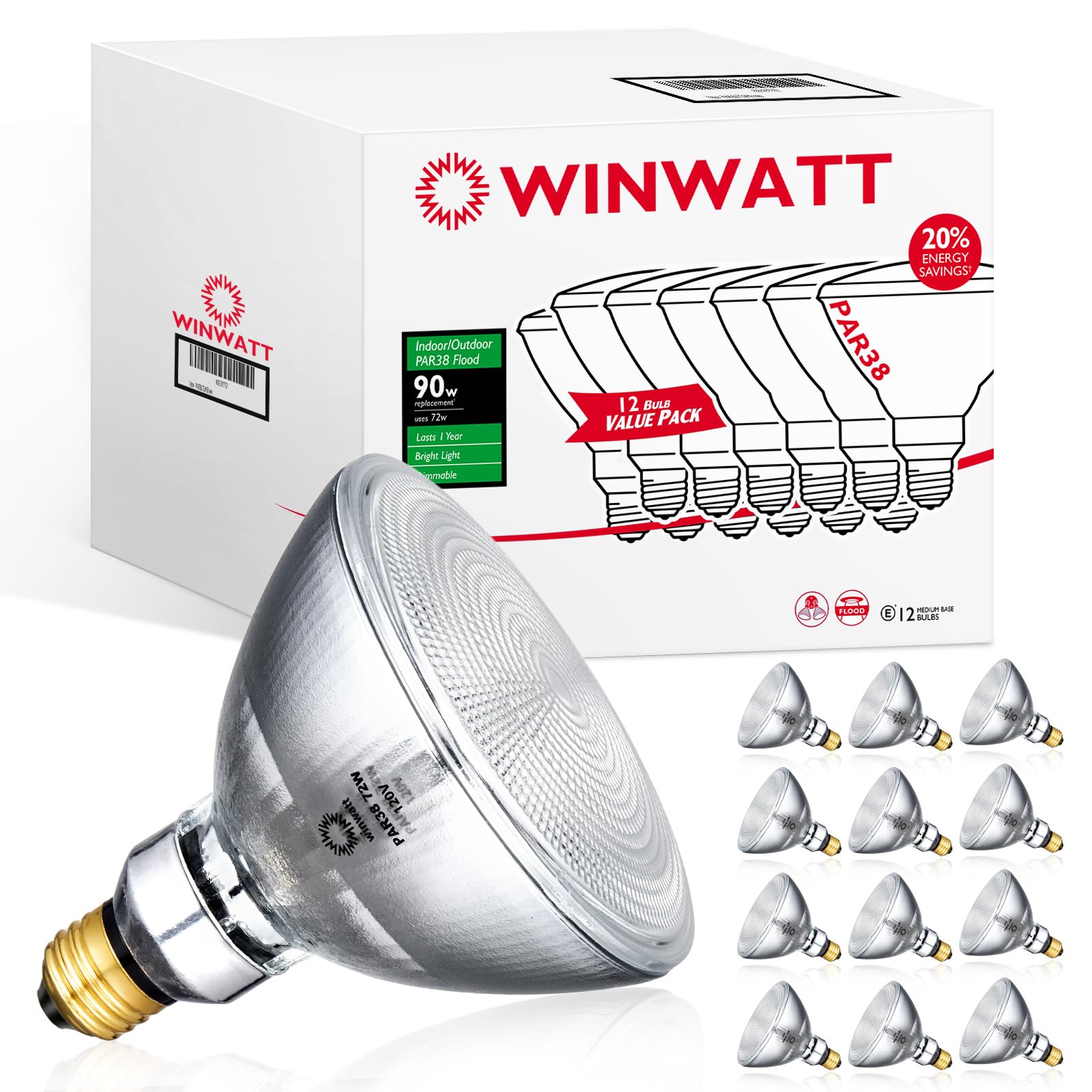 WinWatt PAR38 Flood 25-Deg. 72W, 12 Pack 90W Eq. EcoPAR Halogen Light Bulb E26 Dimmable 2950K CRI100 120V 72W (Count of 12)