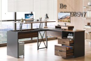 bestier lift top l shaped desk with file drawer, 55'' x 55'' office desk with reversible storage drawers, l shaped standing desk with computer monitor stand (walnut, 55'' x 55'')