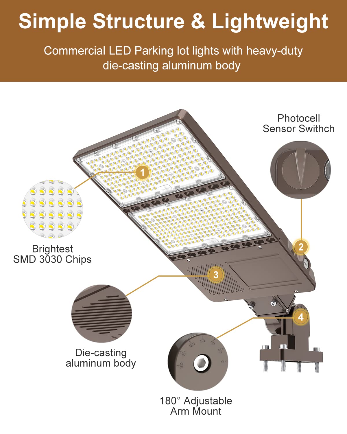 ADUB 320W LED Parking Lot Light with Photocell, 300W LED Flood Light ETL Listed