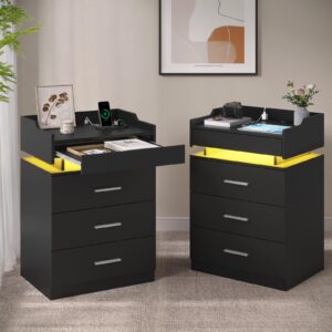 hauoms black nightstand set of 2,led night stand with charging station & pull-out tray,bedside table with drawers,modern end table side table storage cabniet