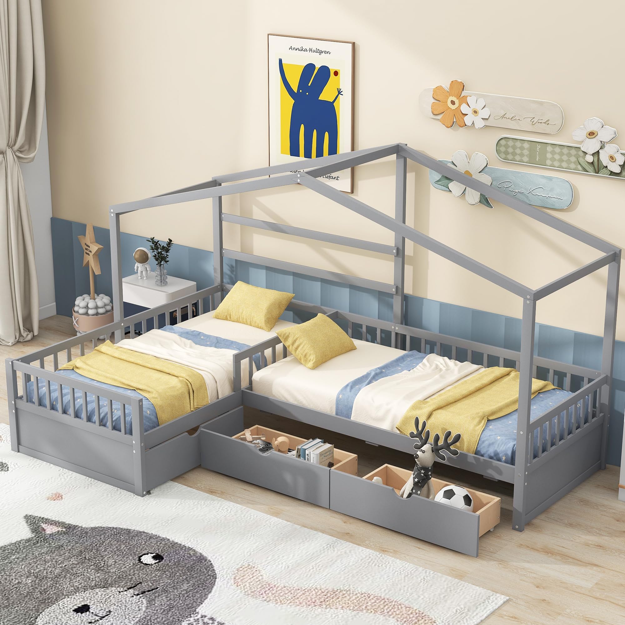 Merax House Bed for 2 Kids Twin Size, Wood L-Shaped Double Platform Bed with 3 Storage Drawers, for Boys Girls Teens, Grey