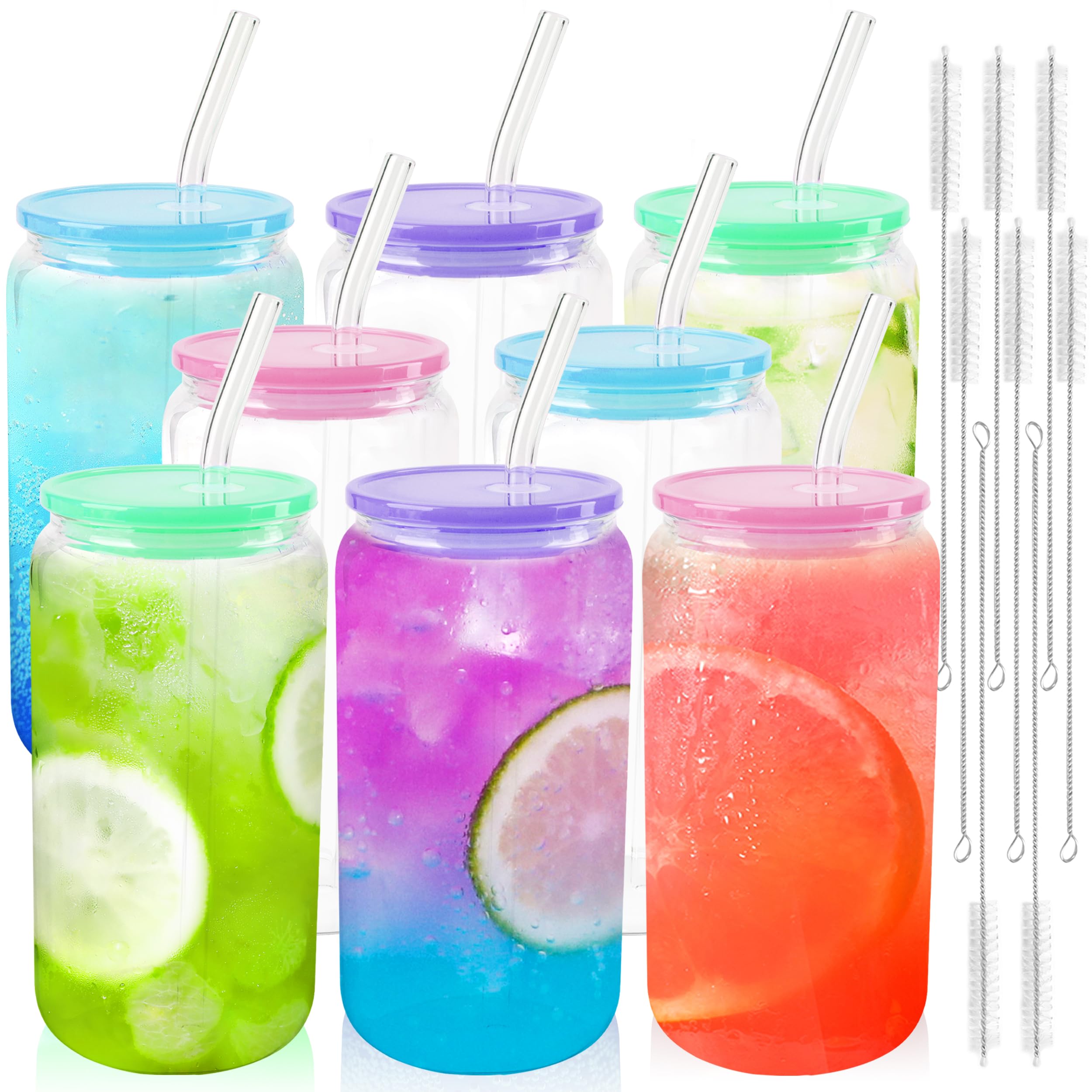 Joyclub 8pcs Glass Cups with Acrylic Lids and Straws 16 oz Can Shaped Glass Iced Coffee Cups with Lids and Straws, Cute Tumbler Cup Drinking Glasses for Smoothie Whiskey Boba Soda Tea Gift