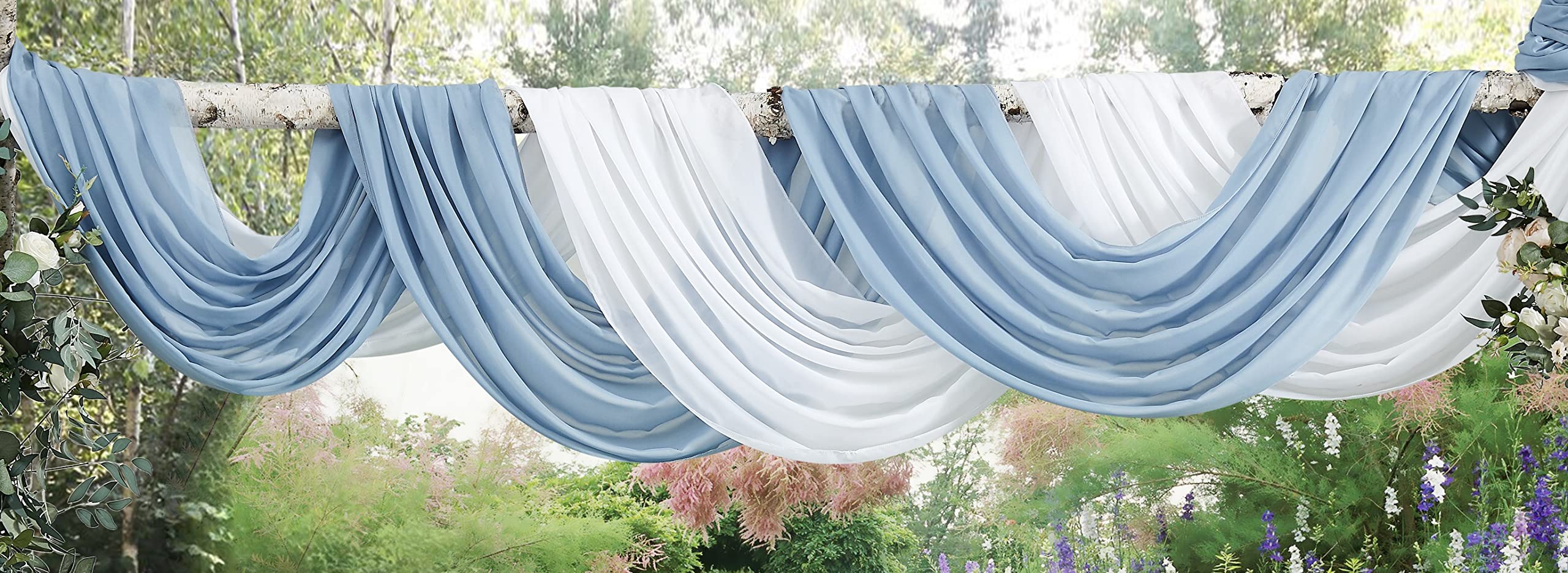 WARM HOME DESIGNS White & Dusty Blue Chiffon Wedding Arch Drapery Fabric. Pair of 144" (12 Feet or 4 Yards) Luxury Wedding Arch Decorations for Rustic Wedding Decor. CHW White & D Blue 144