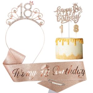 tihebax 4pcs 18th birthday decorations for girls, including 18th birthday sash with pearl pin happy 18th birthday cake toppers 18th birthday candles sparky 18th tiara crown birthday gift for girls